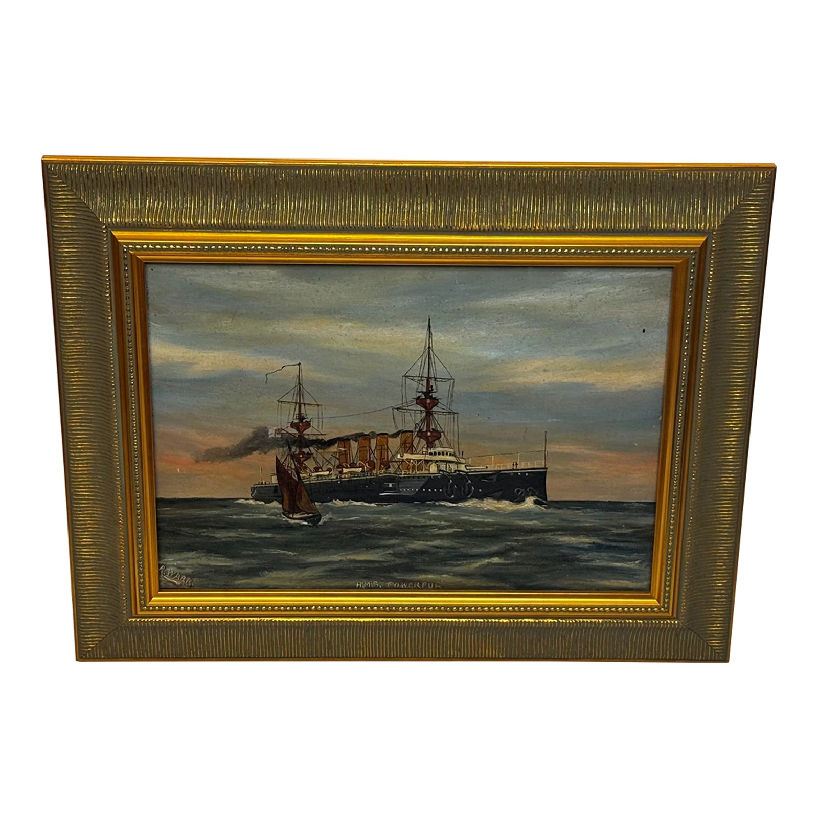 British Framed C1900's Marine Oil Painting Hms Powerful Royal Navy ...