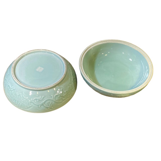 Chinoiserie Hand Carved Celadon Box 9.5" D | Chairish