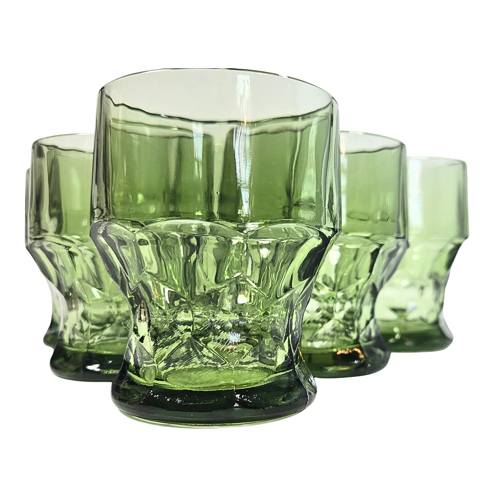 Faceted Green Georgian Lowballs - Set of Six | Chairish
