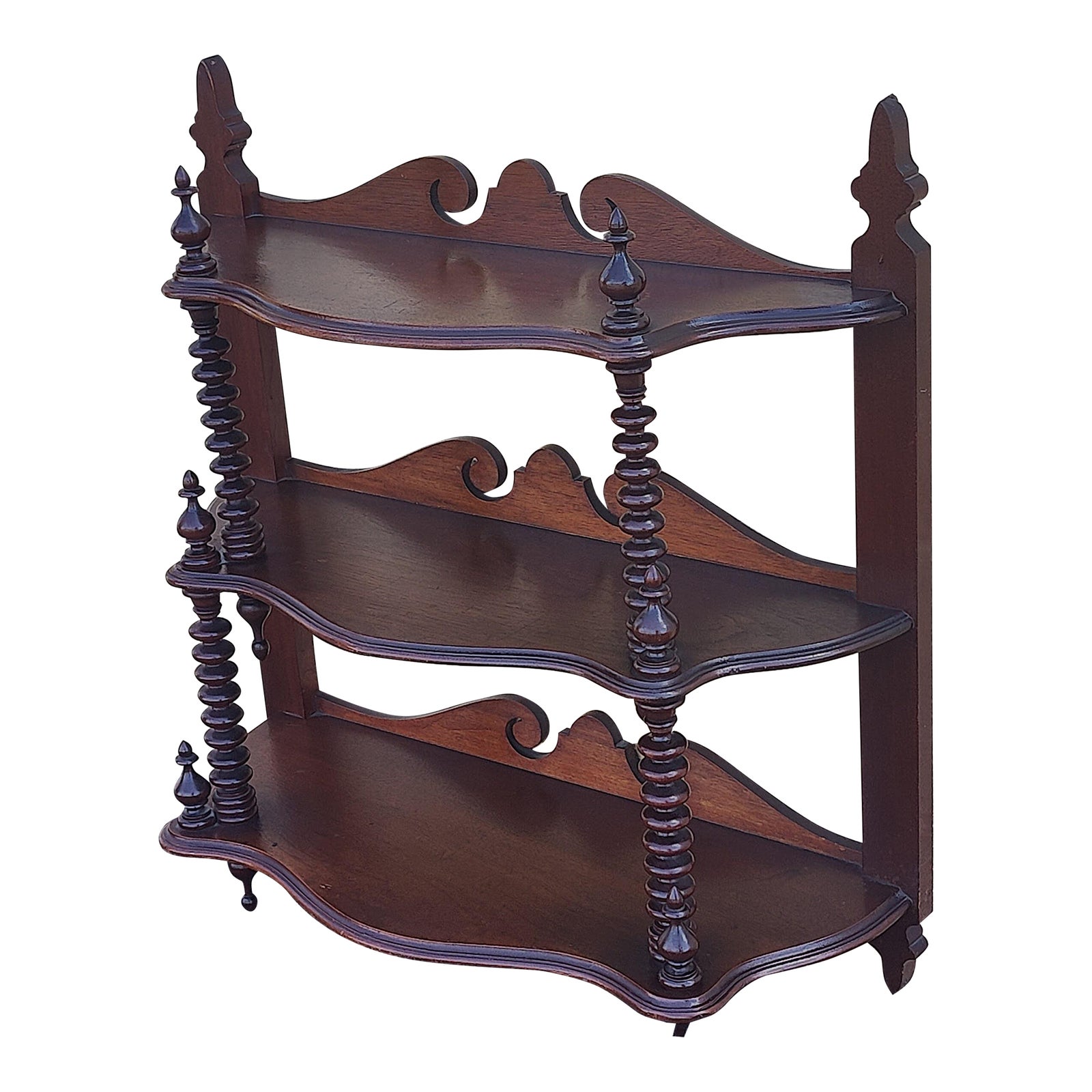 Early 20th Century Regency Walnut Wood Spindle 3 Tier Scalloped Shelf ...