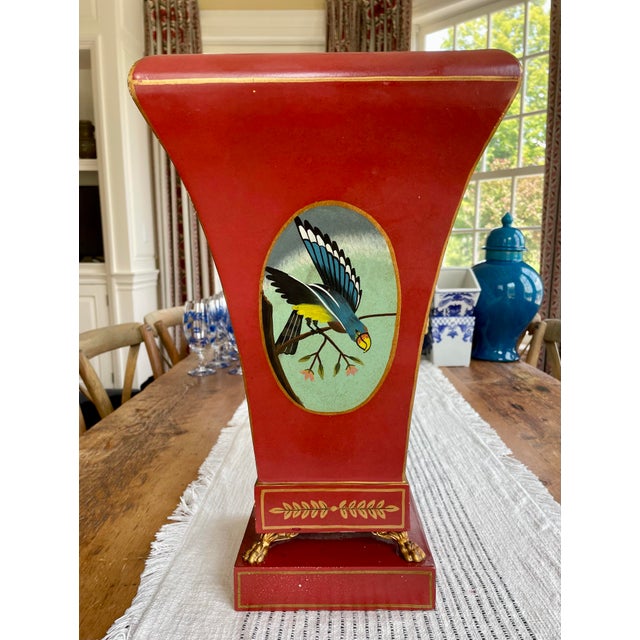 Tall Vintage French Tole Hand Painted Metal Vase | Chairish