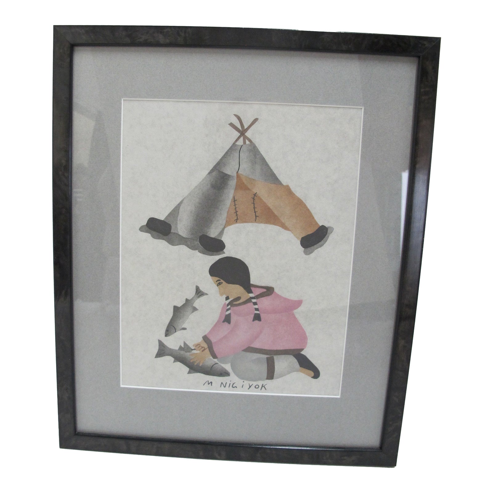 Inuit Canadian Mabel Nigiyok Signed Framed Woman Cleaning Fish ...