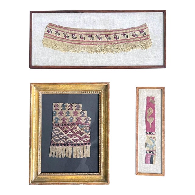 Antique Framed Pre Columbian Textile Fragment Bird Motifs Chimu Peru
