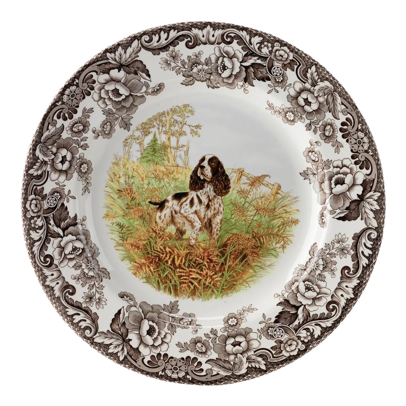 Spode Woodland Dogs Salad Plates 8", English Springer Spaniel | Chairish