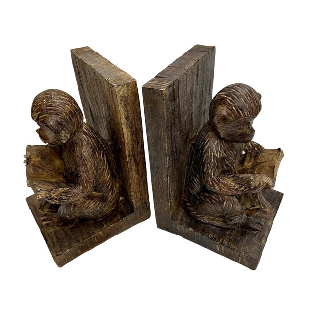 Sculpted Reading Monkey Book Ends - a Pair | Chairish