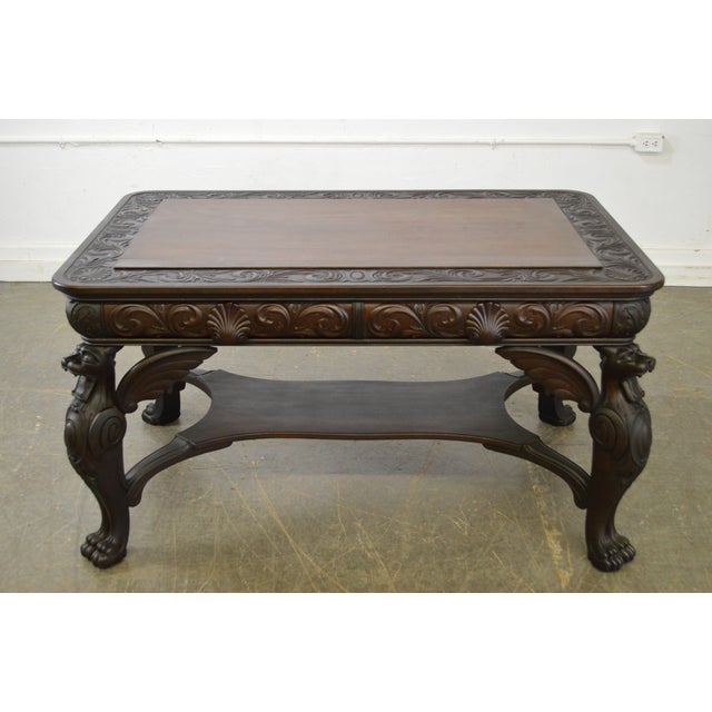 Horner Antique Carved Standing Winged Griffin Library Table Desk | Chairish