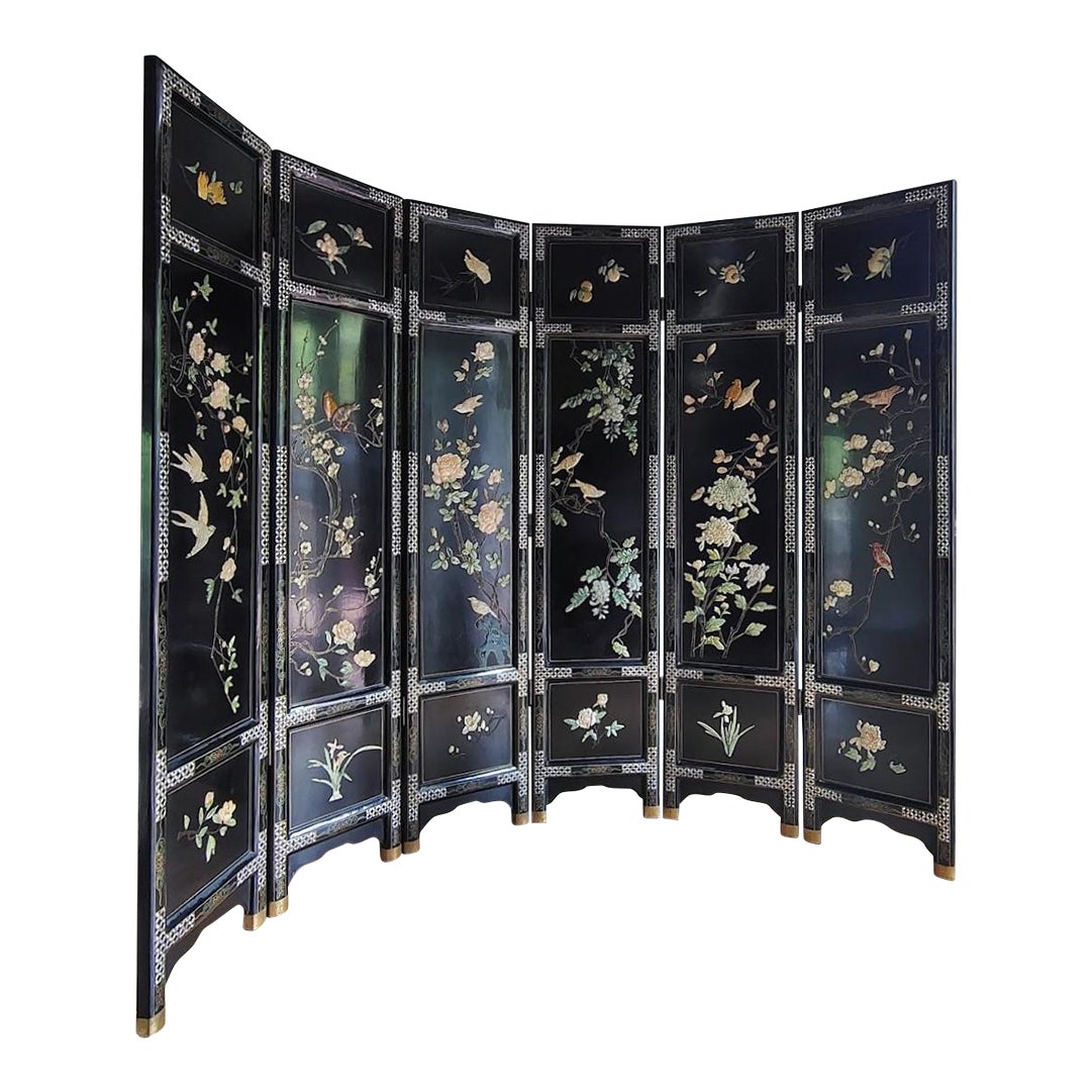 Chinese Export Six Panel Hardstone Lacquer Screen | Chairish
