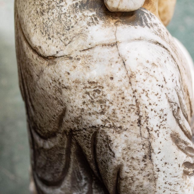 Carved and Patinated White Marble Chinese Buddha Sitting on a Lotus ...