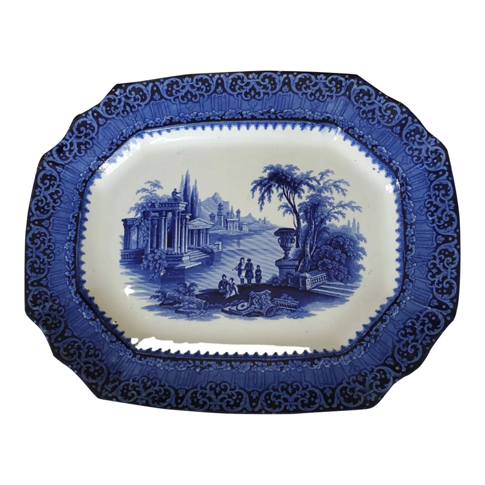 Large Antique Flow Blue Temple Pattern Platter | Chairish