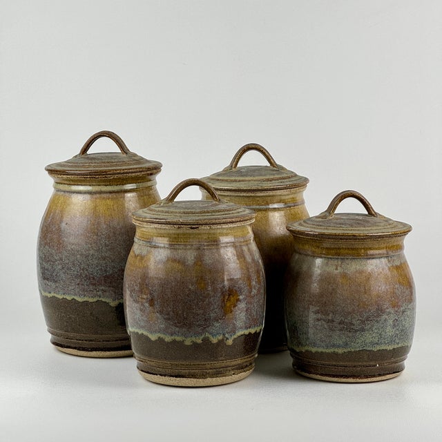 Set of 4 Signed Vintage Lidded Ceramic Glazed Jars, in Different ...