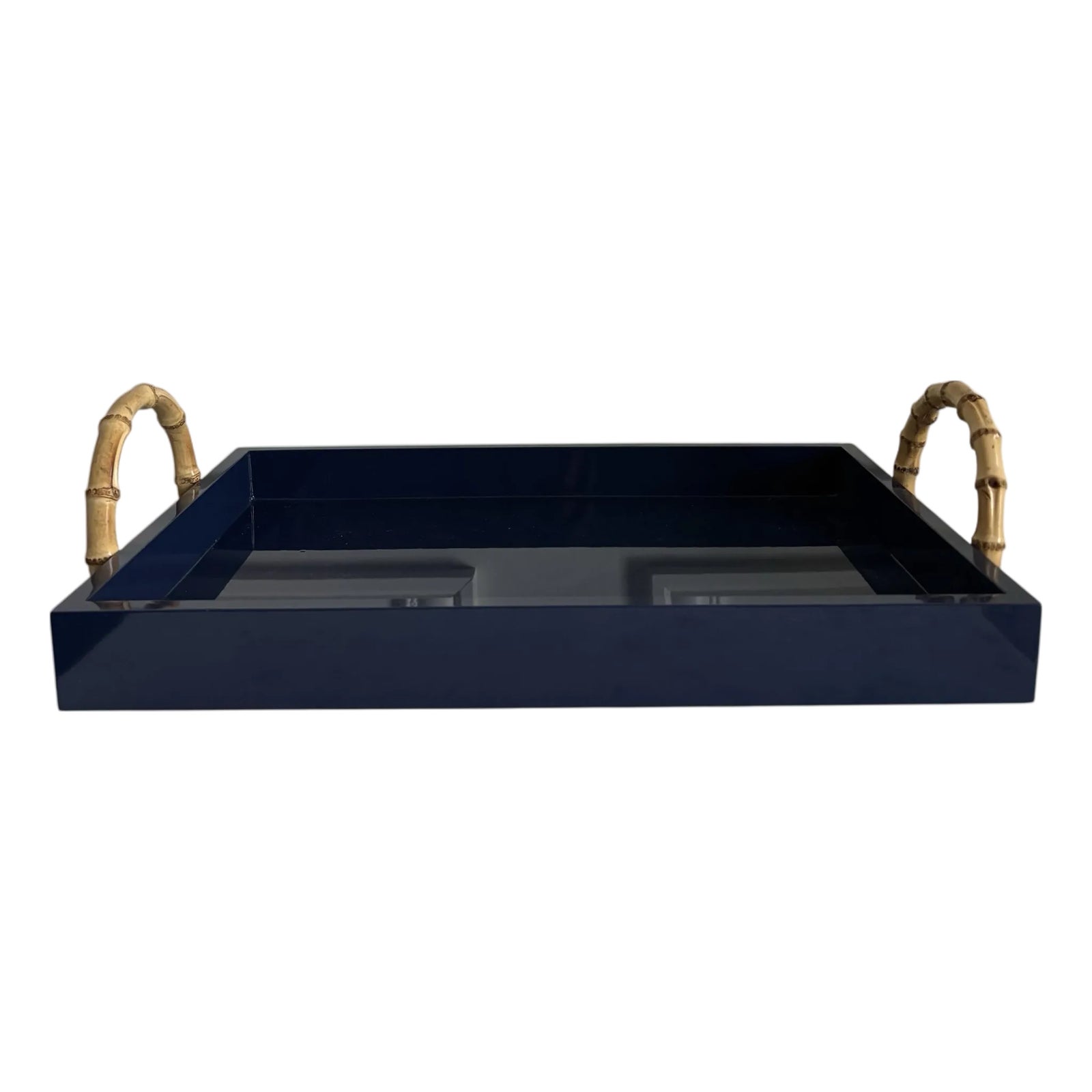 Navy Blue Lacquered High Gloss Natural Bamboo Arched Handle Serving ...