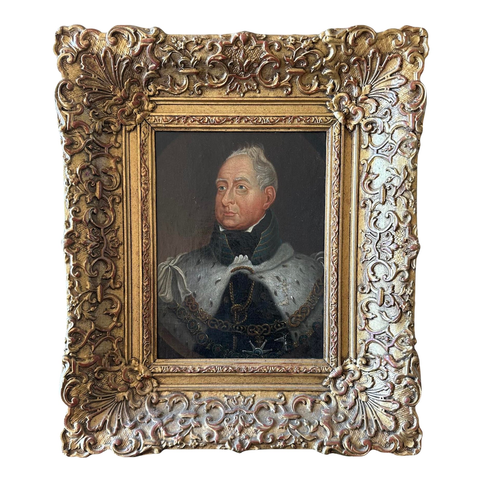 19th Century English Man Portrait Oil Painting in a Heavy Ornate Gilt ...