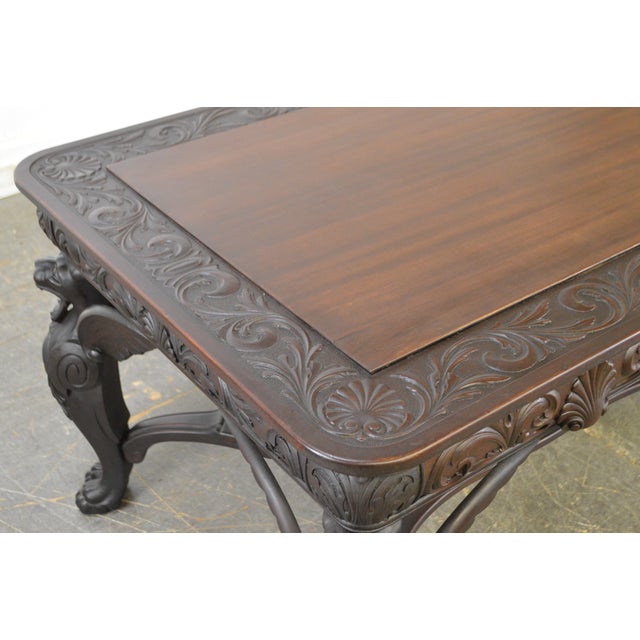 Horner Antique Carved Standing Winged Griffin Library Table Desk | Chairish