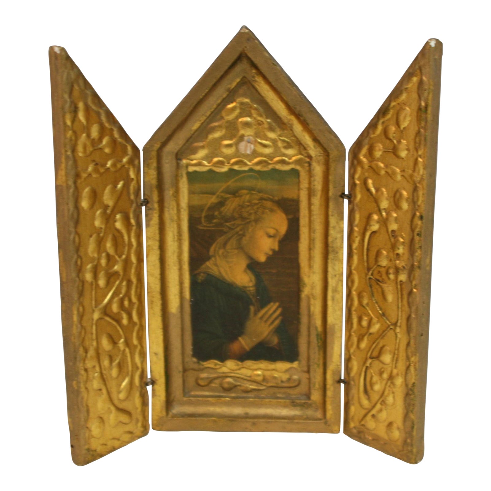 Vintage Italian Florentine Gold Gilt Wood Handcrafted Triptych Madonna Portrait | Chairish