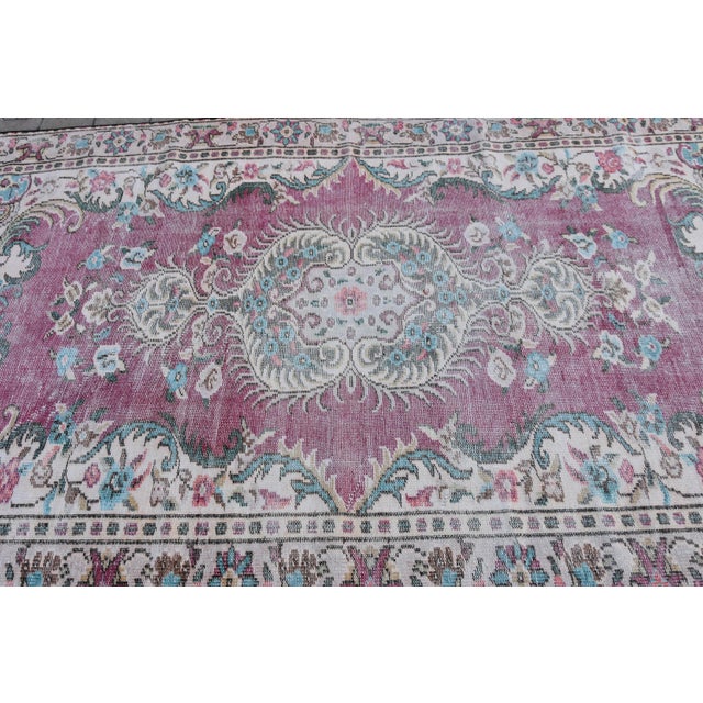 1960s Turkish Bohemian Style Wool Floral Design Distressed Vintage Area ...
