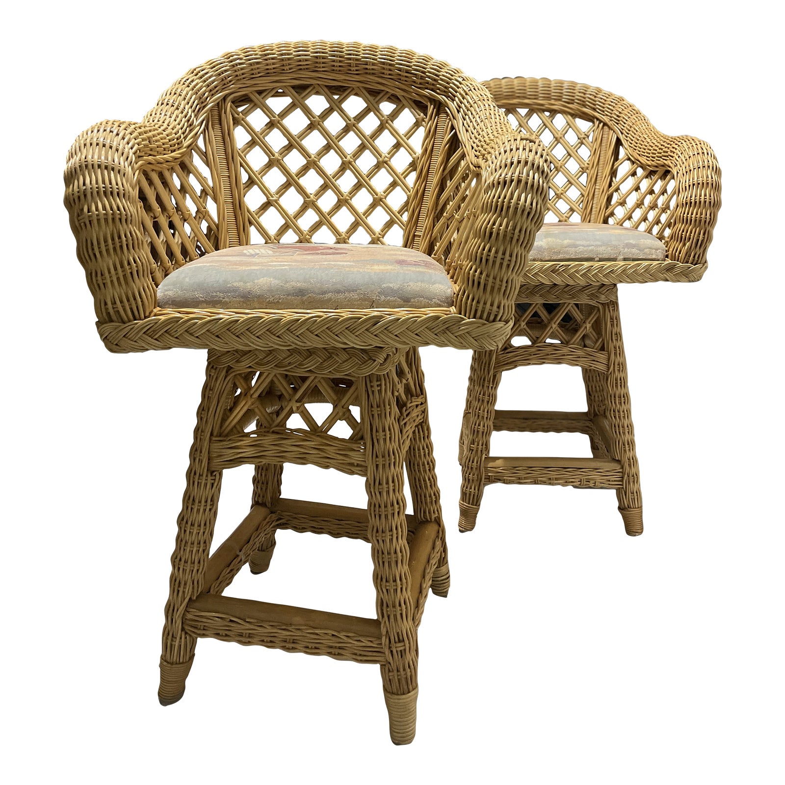1990s Lexington Wicker Rattan Swivel Counter Stools - a Pair | Chairish