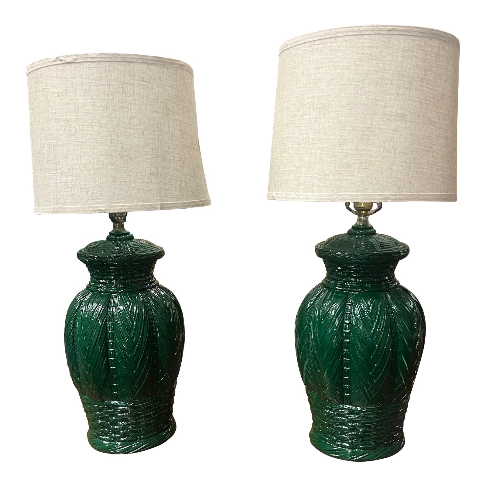 1960’s Green Basket Weave Ceramic Table Lamps - a Pair | Chairish