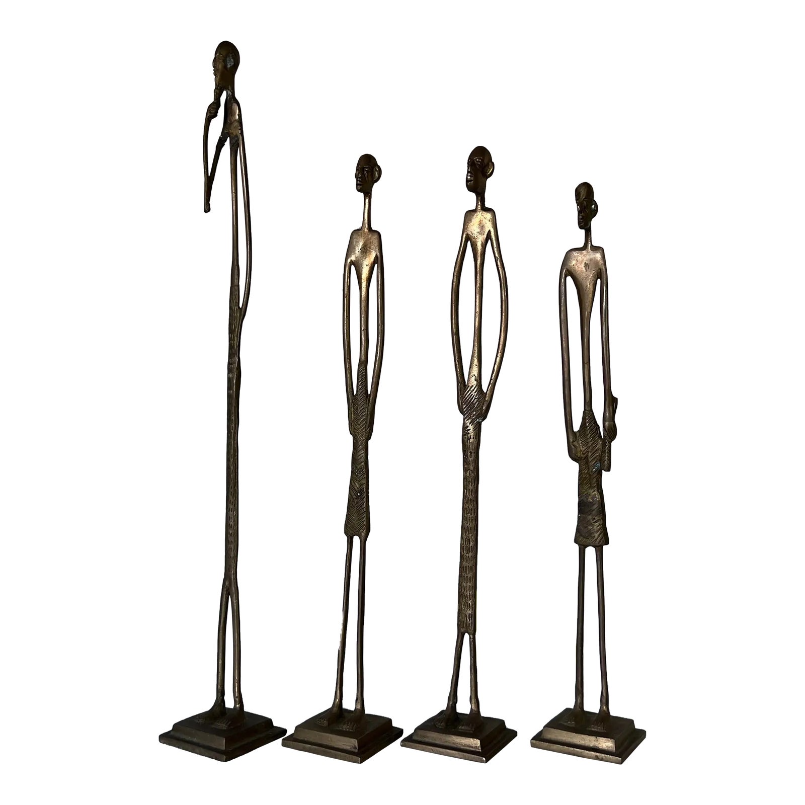 Vintage Elongated African Tribal Bronze Statues - Set of 4 | Chairish