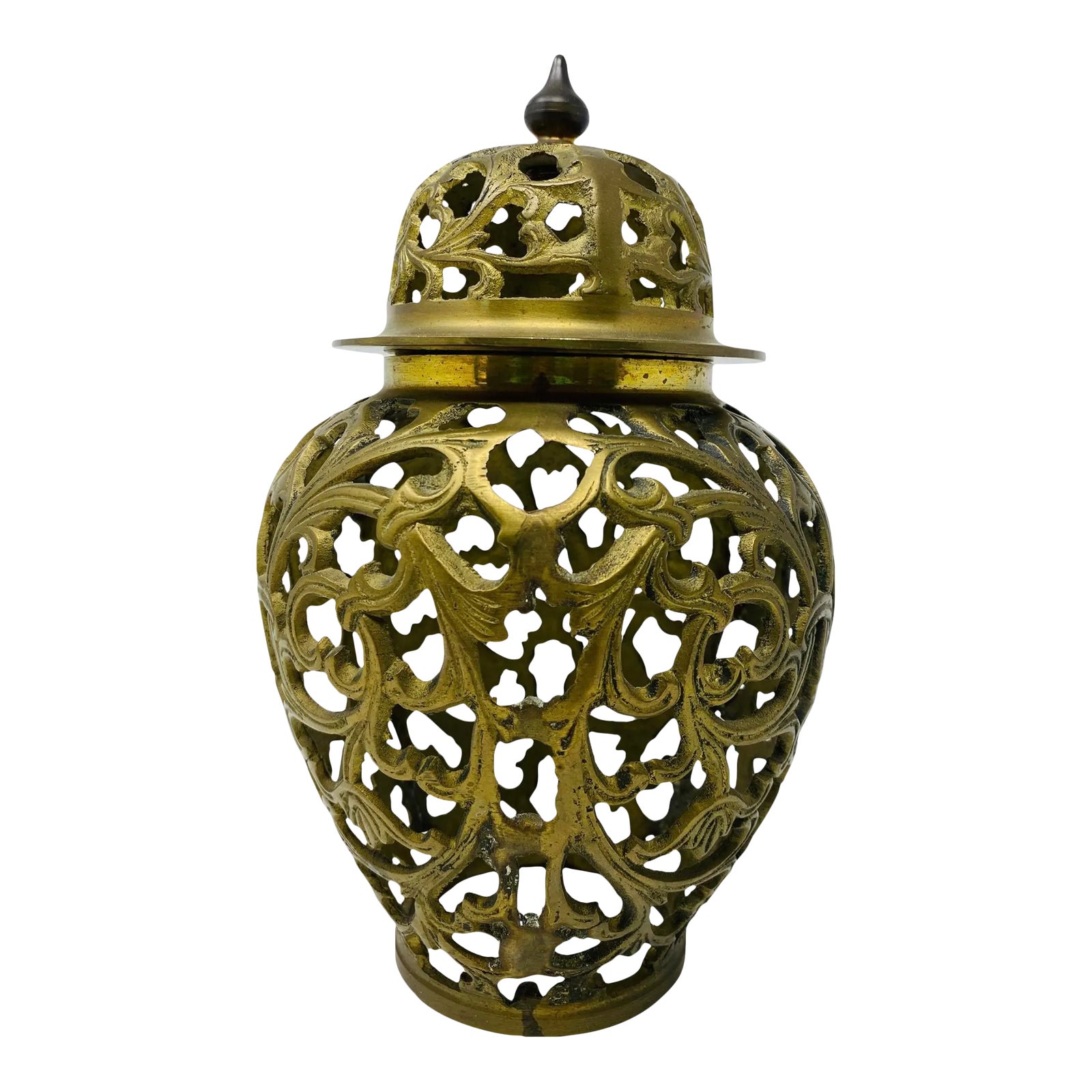 Vintage 1970s Ginger Jar Cast Pierced Brass Filigree With Lid | Chairish