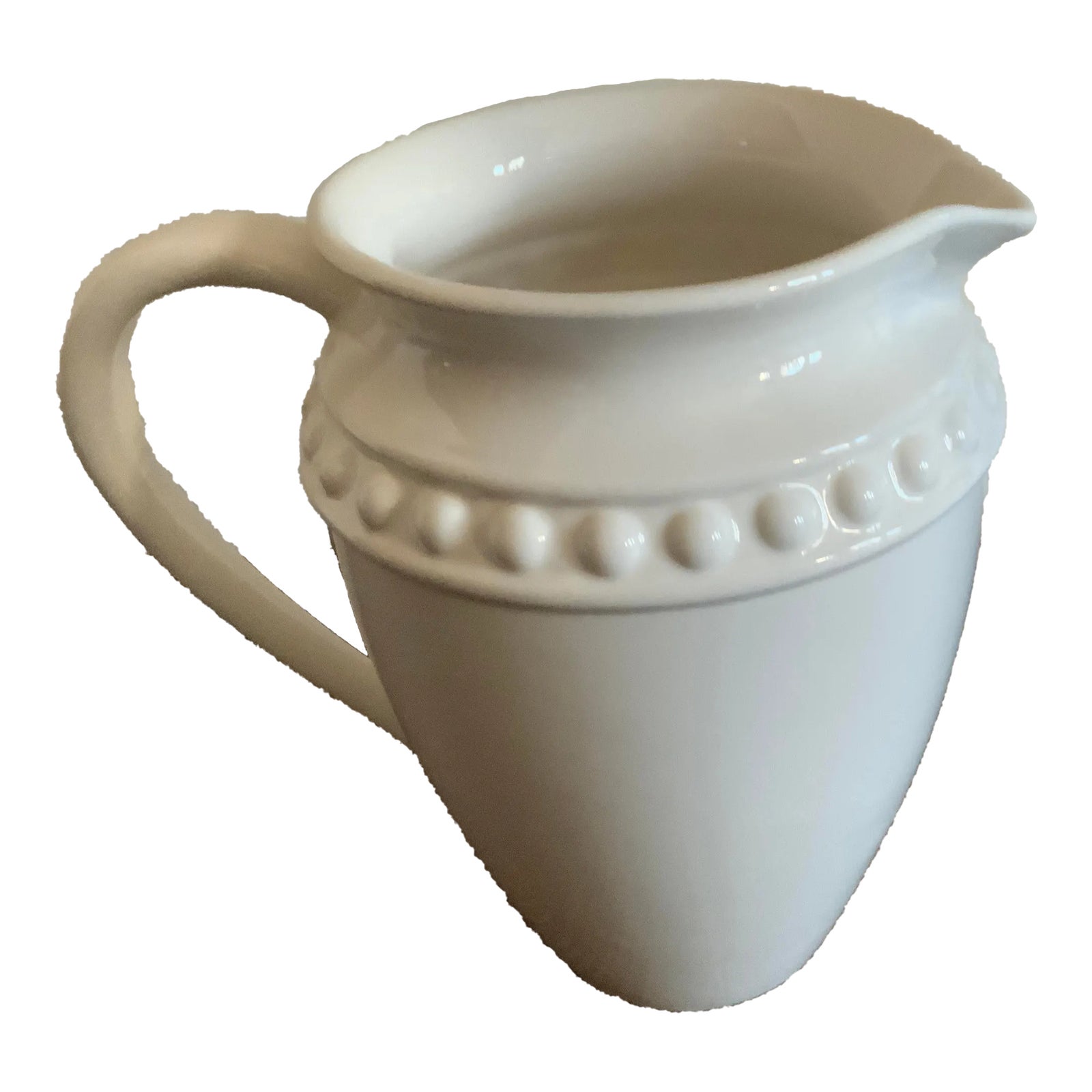 White Ceramic Pitcher With Beaded Design & Curved Handle From Portugal ...