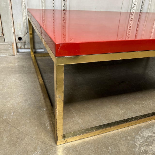 French 1970s Red Lacquer and Brass Coffee Table | Chairish