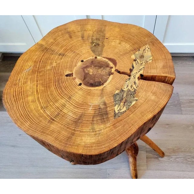 Natural Live Edge Tree Slice Inlaid Side Table With Root Base - Signed ...