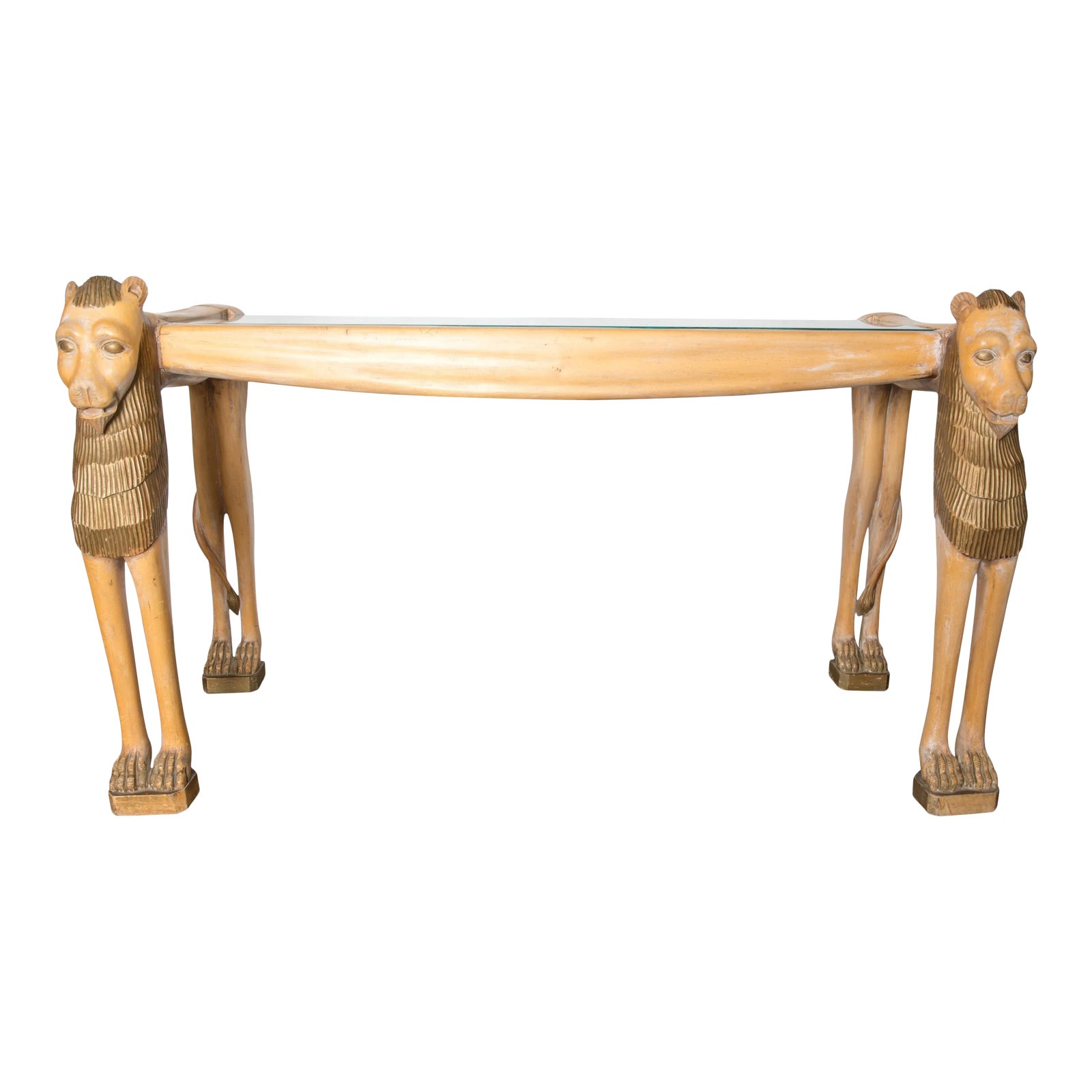 Vintage Carved Wood Egyptian Revival Lion Console Table | Chairish