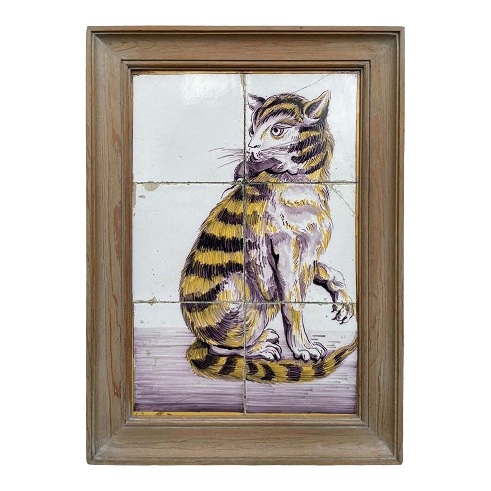 18th Century Dutch Delft Tile Painting of a Cat with Mouse | Chairish