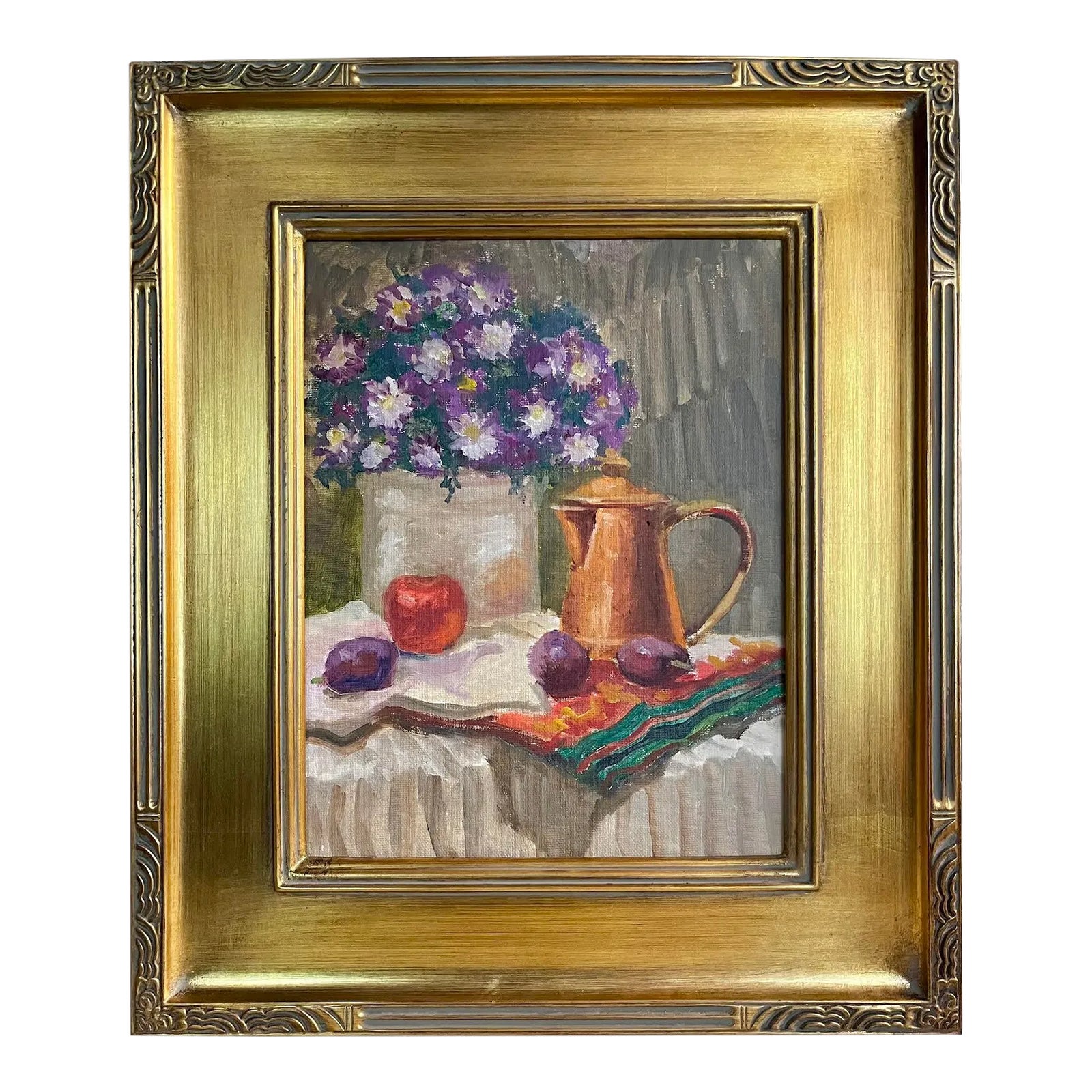 Vintage Still Life Oil Painting of Vase of Flowers Fruit and Copper Tea ...