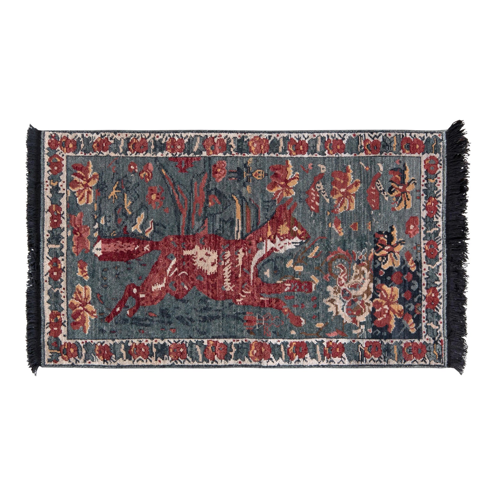 Handknotted Jumping Fox Rug, 5'x8' | Chairish