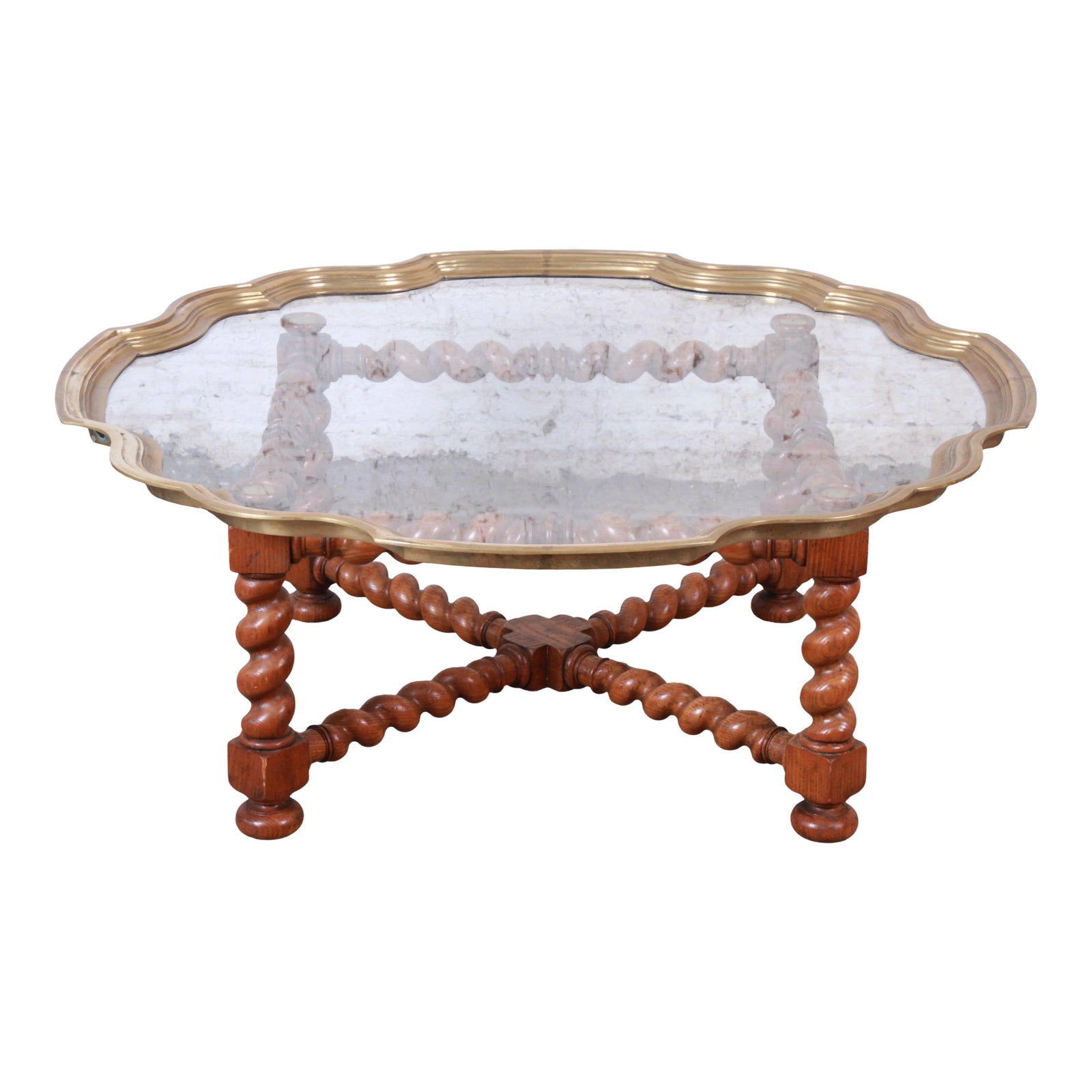 Baker Furniture English Barley Twist Oak, Brass, and Glass Cocktail Table | Chairish