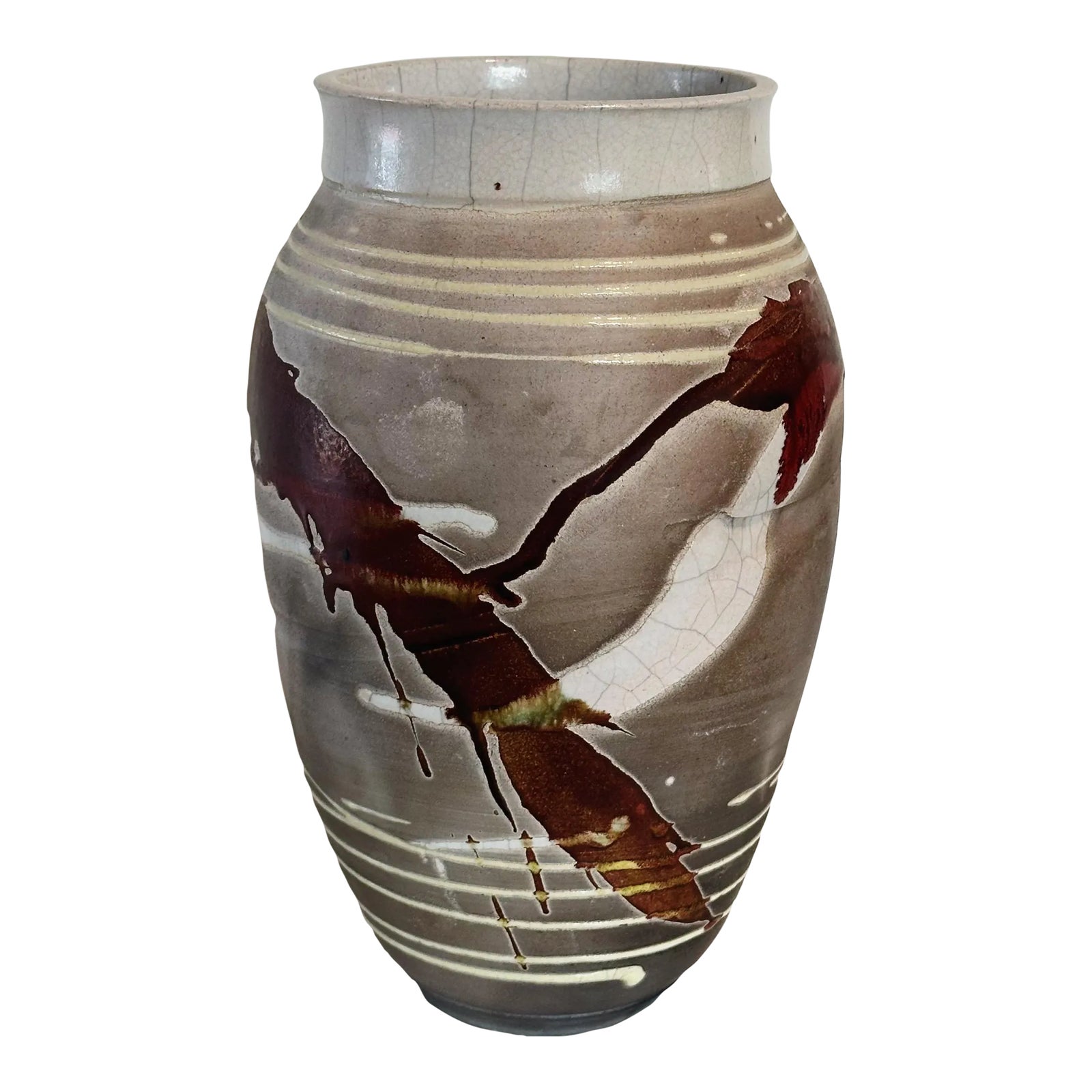 Mid-Century Hand Thrown Raku Pottery Vase With Bold Glazing and Pinched ...