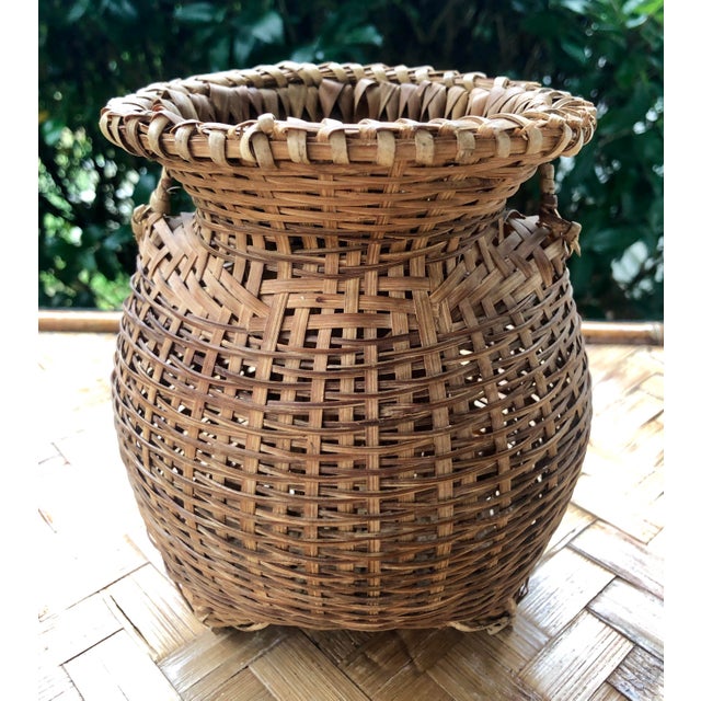Antique Asian Natural Woven Wicker Rattan Footed Basket Urn | Chairish