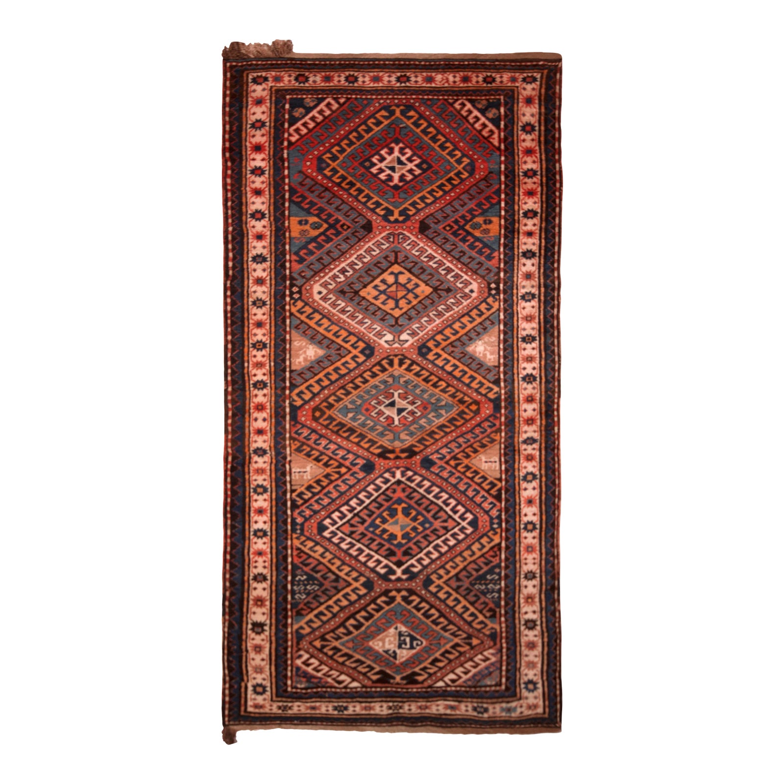 Antique Kazak Rug Pink and Blue Geometric Tribal Pattern | Chairish