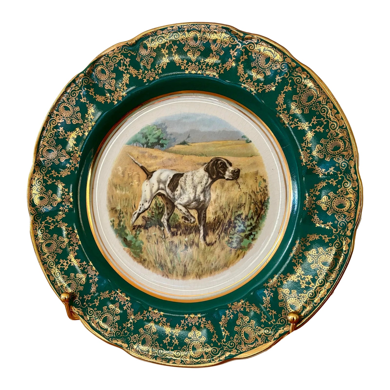 Late 20th Century Irish Hunting Dog Plate With Stand | Chairish
