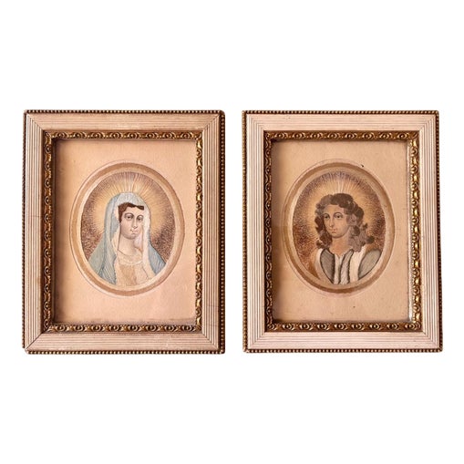 Religious Embroidered Portraits, 17th Century, Set of 2 | Chairish