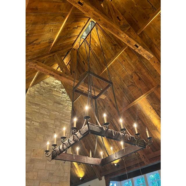Custom 2000s Iron and Wood Pot Rack Chandelier | Chairish