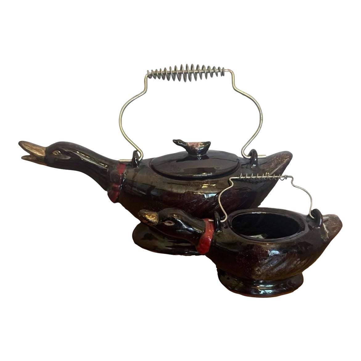 1950s Vintage Brown Glazed Redware Gold Beak Duck Teapots Wire Handles ...