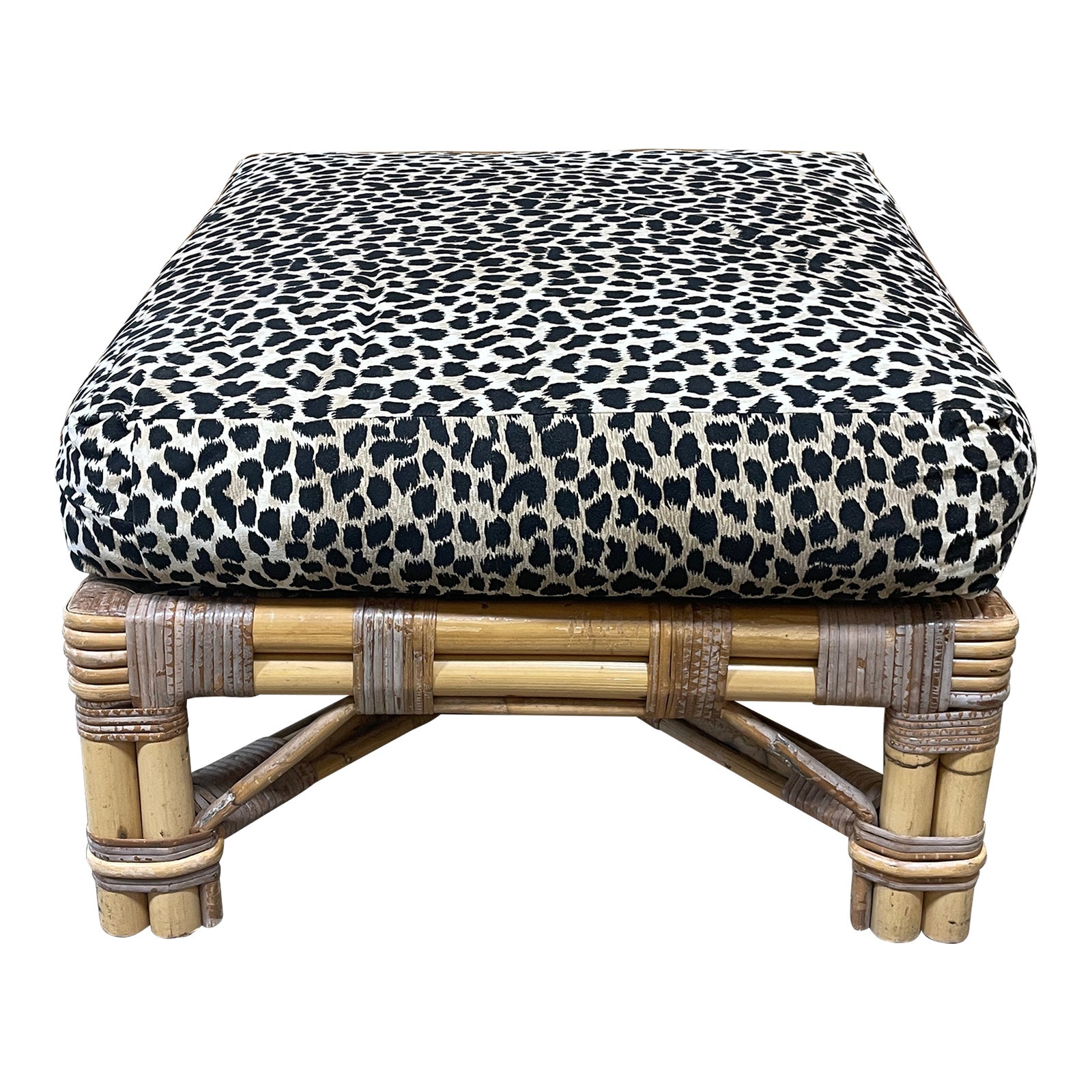 Vintage Bamboo Ottoman Upholstered in Leopard Suede | Chairish