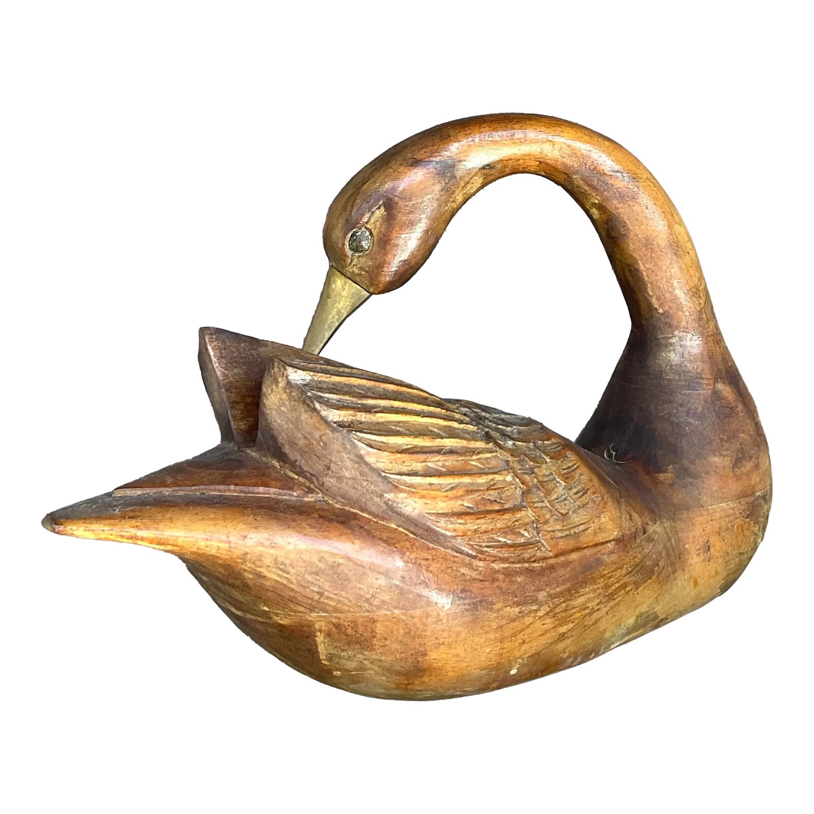 Vintage Hand Carved Swan With Brass Detail | Chairish