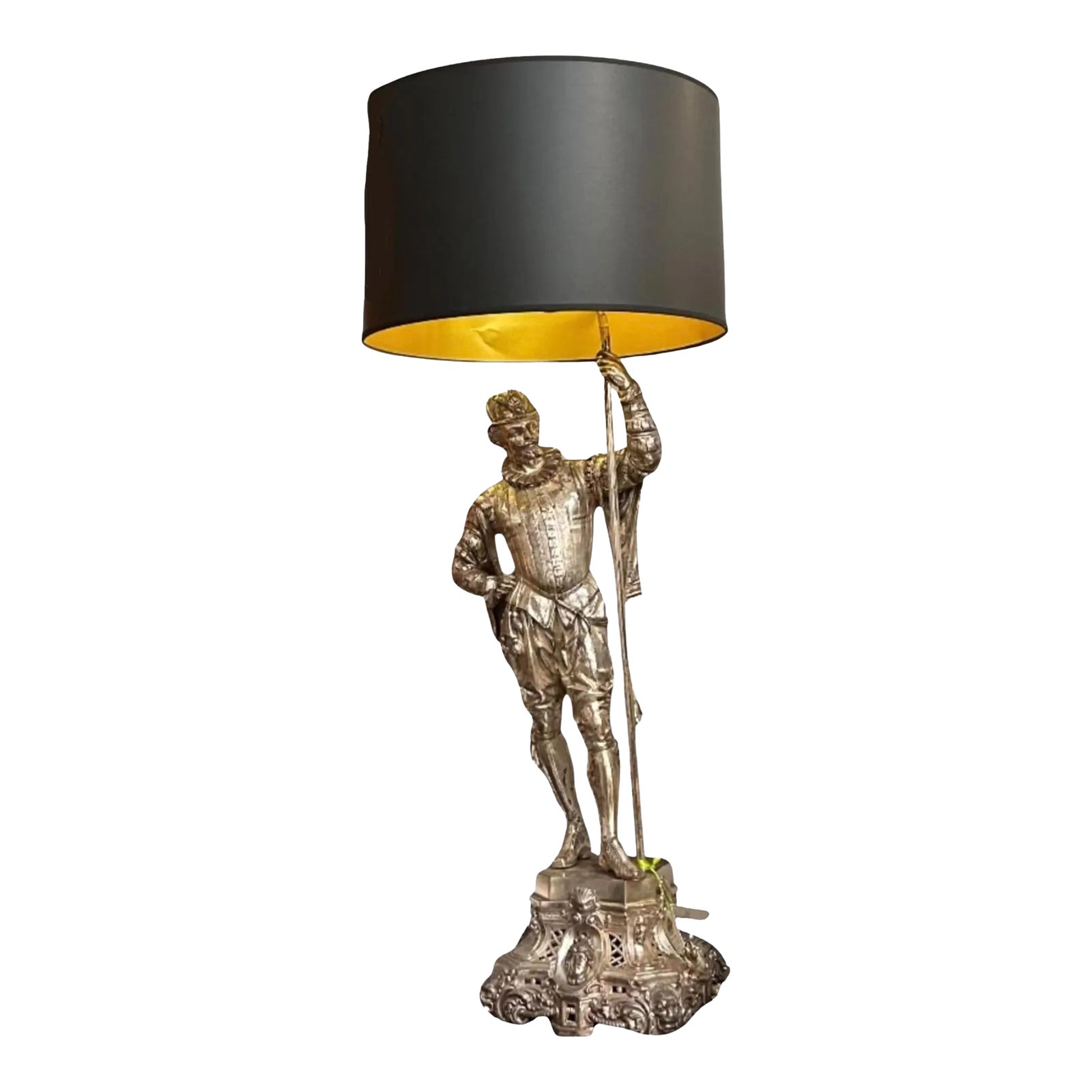 Large Antique Silver on Bronze Conquistador Figural Table Lamp | Chairish
