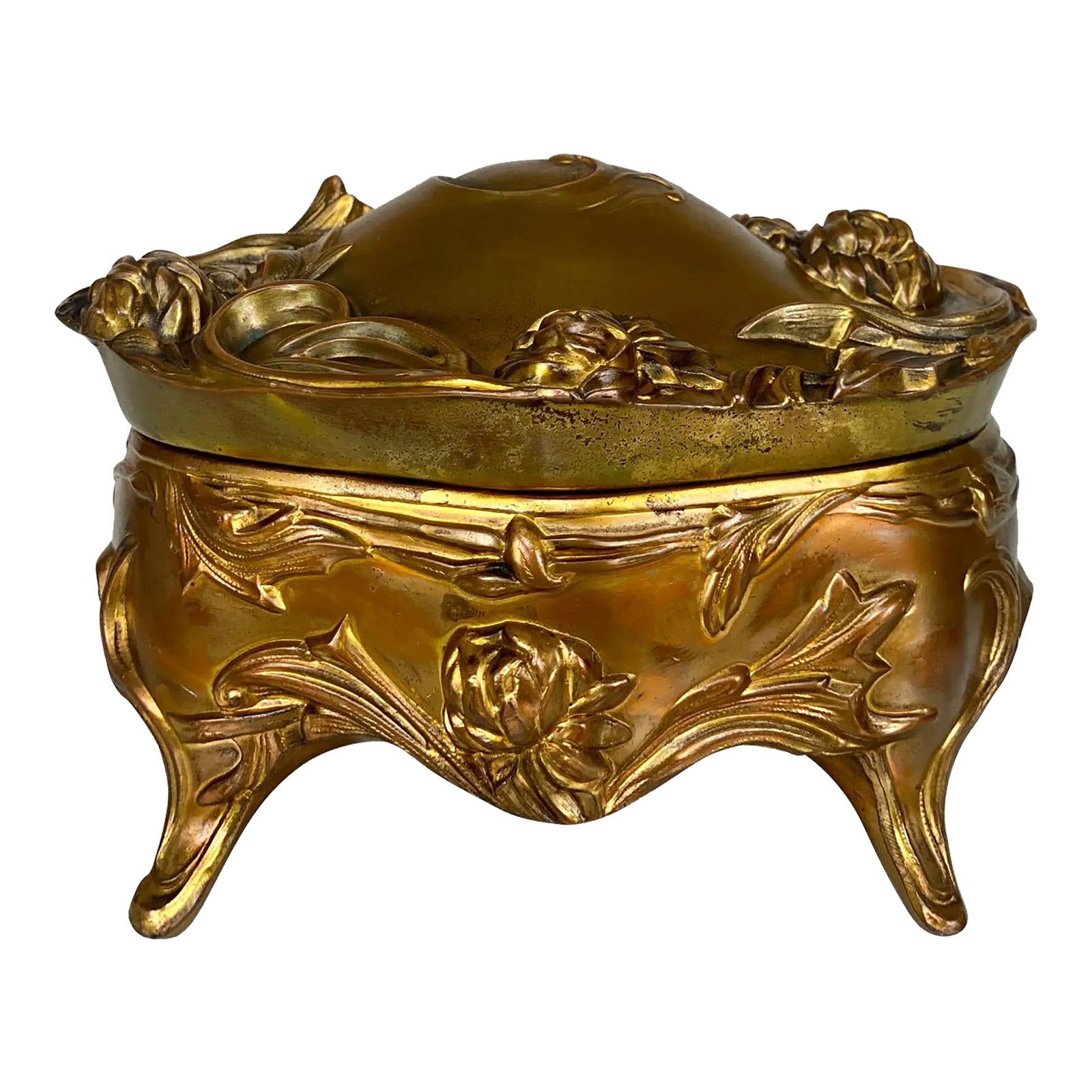 Vintage Art Nouveau Gold Gilded Cast Metal Trinket Dresser Box | Chairish