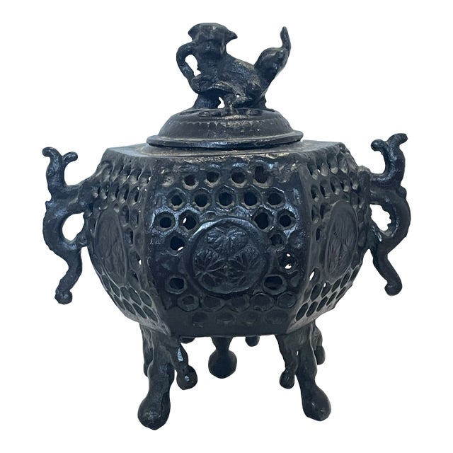 Chinese Brown Foo Dog Lid Floral Bronze Incense Burner | Chairish