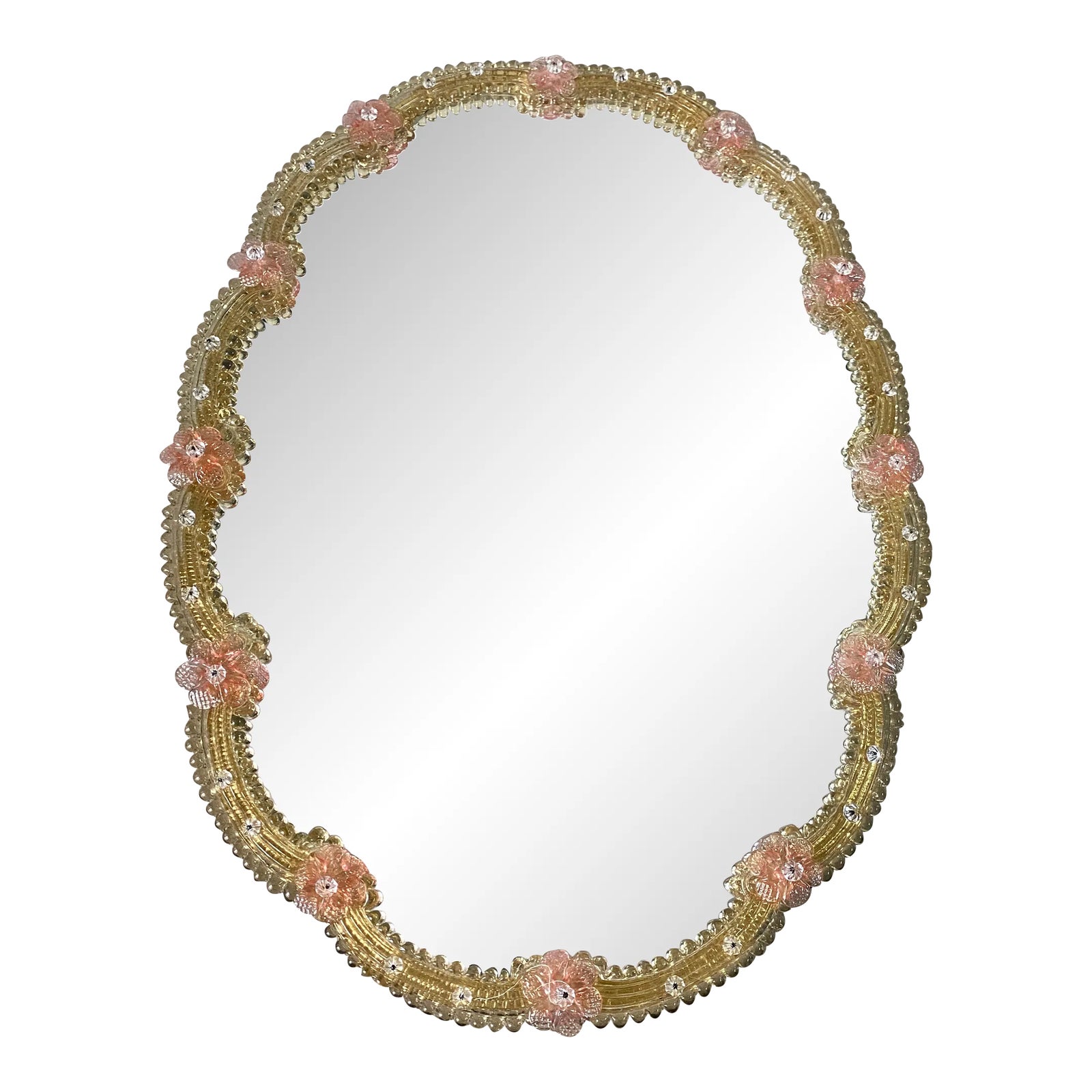 2000s Venetian Oval Gold and Pink Floreal Hand-Carving Mirror in Murano ...