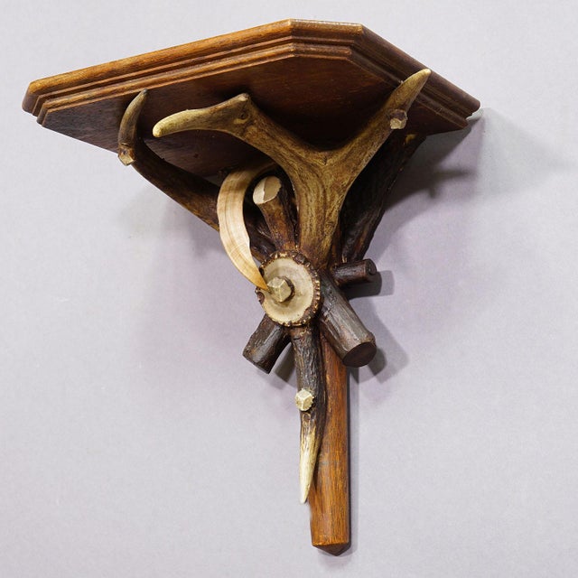 Wooden Black Forest Shelve With Deer Horn Decoration | Chairish