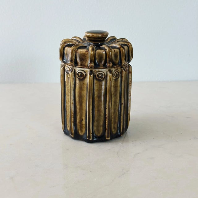 Mid-Century Pottery Lidded Crown Jar in Green Ochre Glaze | Chairish