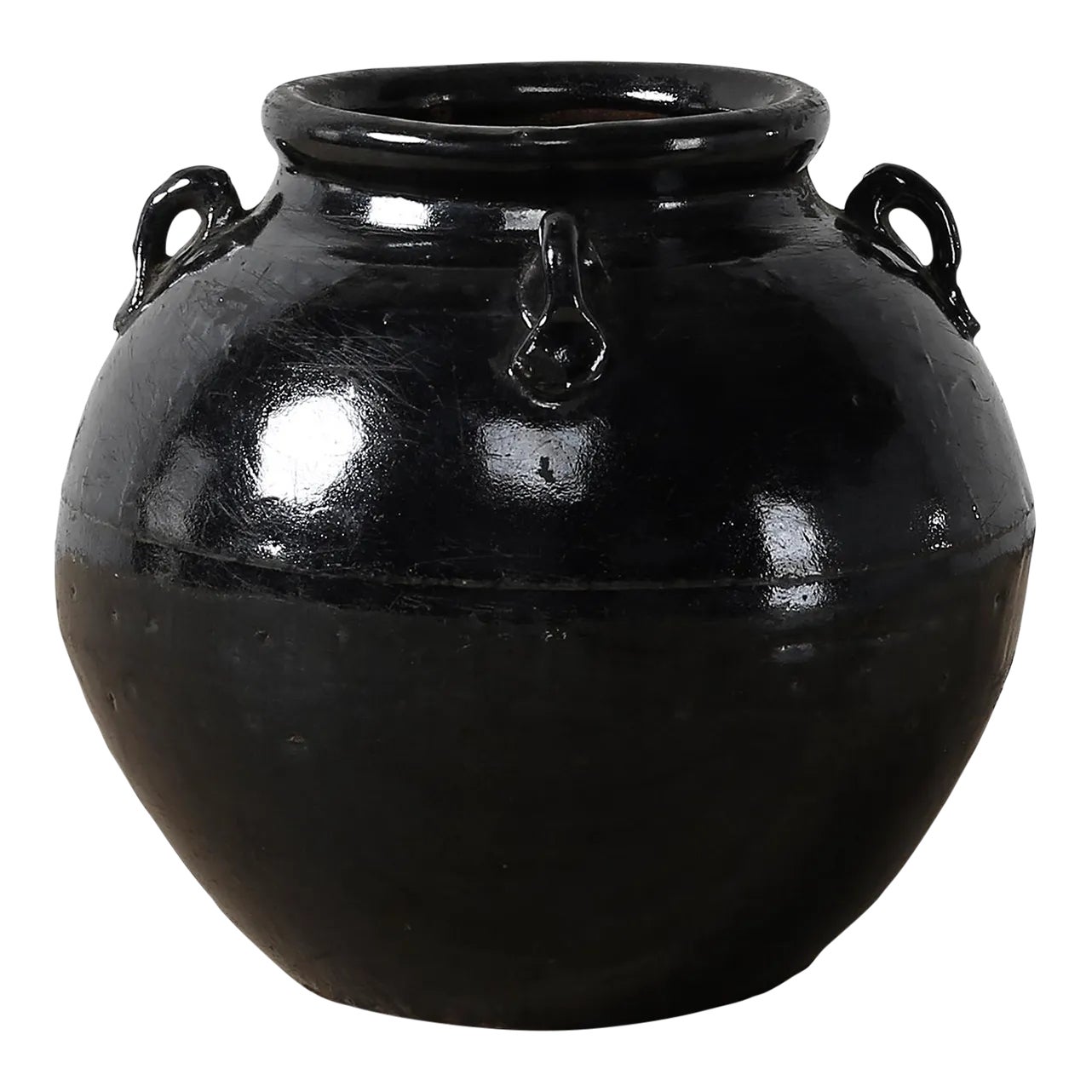 Mid-Century Vintage Black Glazed Porcelain Jar With Four Handles | Chairish