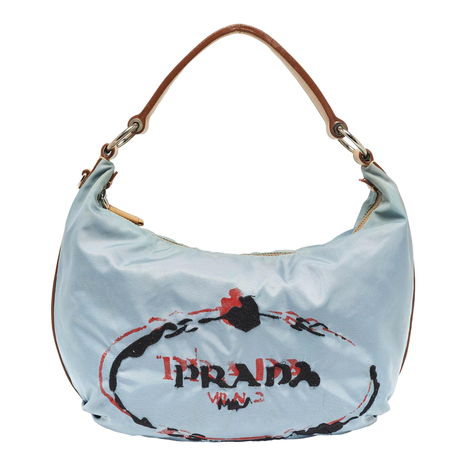 Prada Light Blue/Beige Tessuto Nylon And Leather Stencil Hobo | Chairish