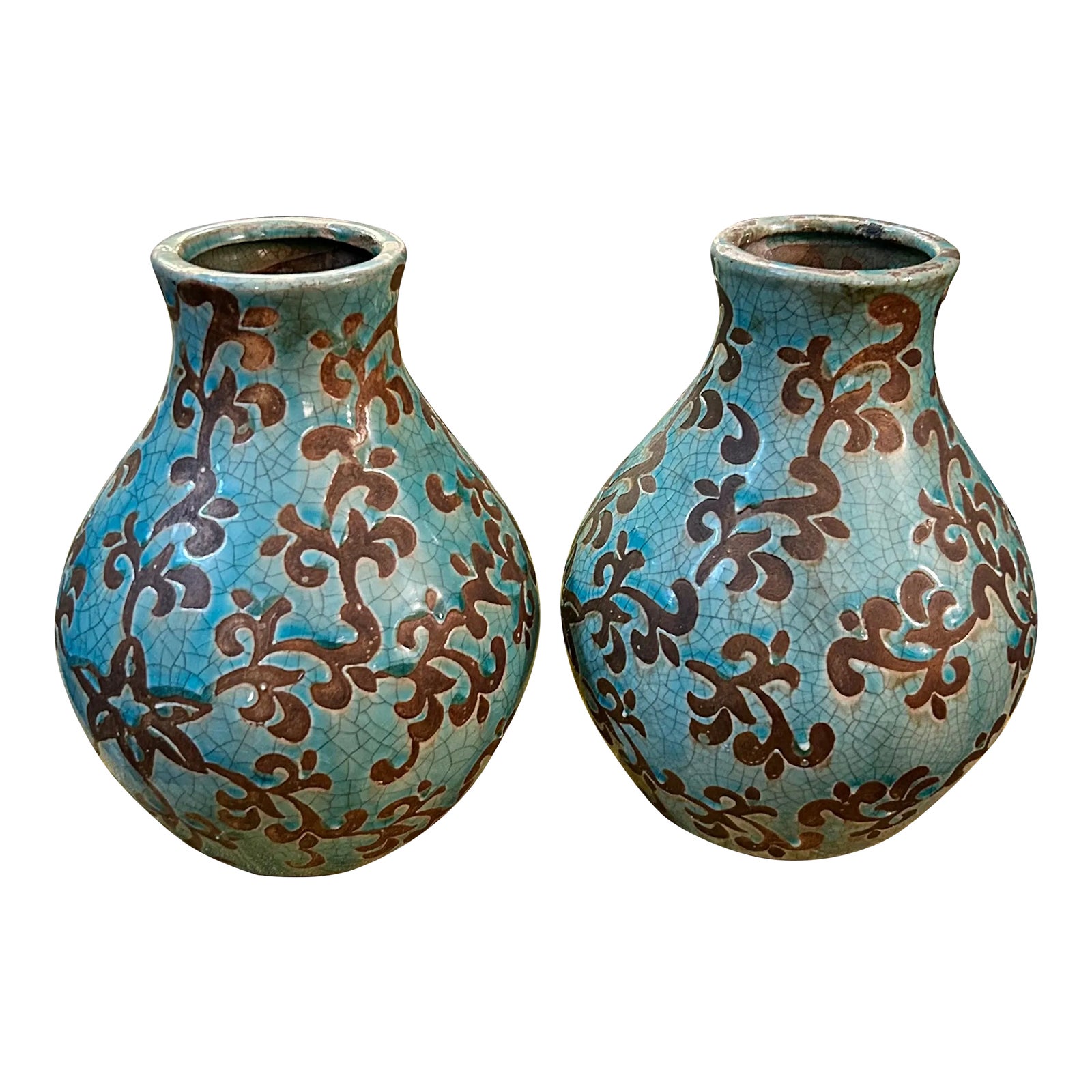 Vintage Pair of Carved Pottery With Foliate Design | Chairish