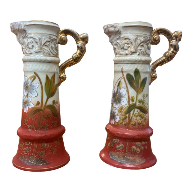 Victoria Carlsbad Austria, Near Pair of Porcelain Mask Spout Pitchers ...